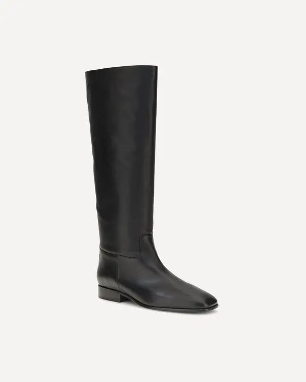 HERBERT LEVINE Knee High Square Toe Leather Boots - Black