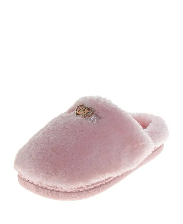 Badgley Mischka Fluffy Rhinestone Logo Accent Slippers - Pink