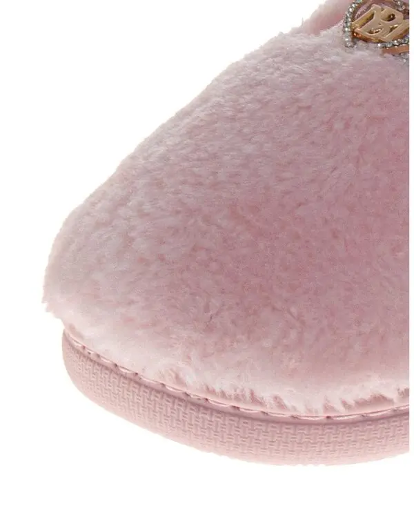 Badgley Mischka Fluffy Rhinestone Logo Accent Slippers - Pink