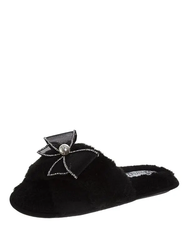 Badgley Mischka Jeweled Faux Fur Slippers - Black