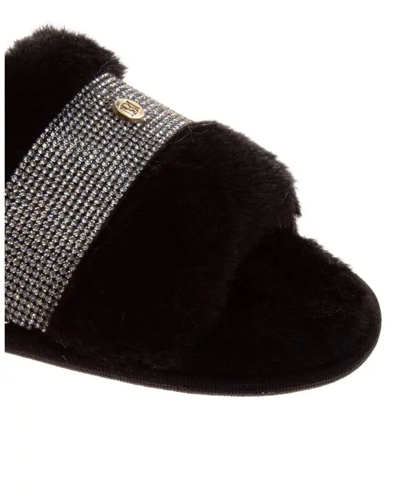 Badgley Mischka Fuzzy Rhinestone Logo Slippers - Black