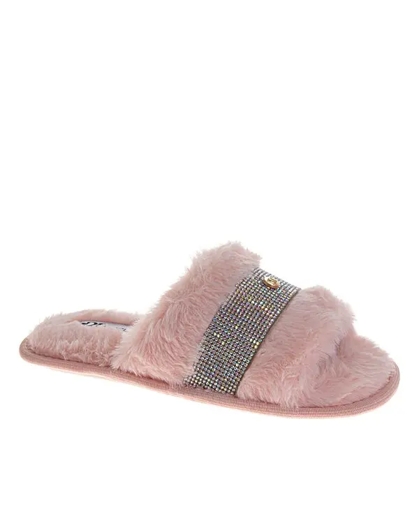 Badgley Mischka Fuzzy Rhinestone Logo Slippers - Pink
