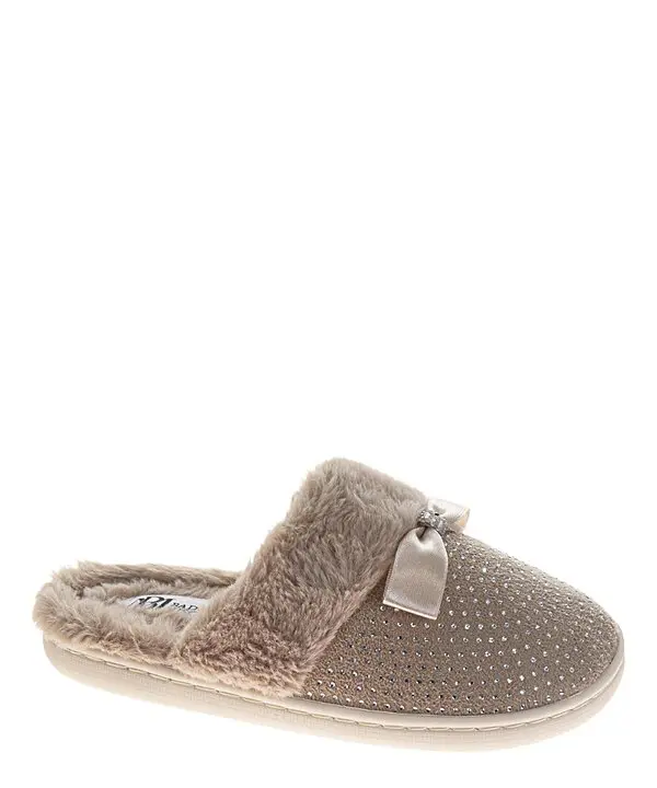 Badgley Mischka Fluffy Rhinestone Bow Detail Slippers - Beige