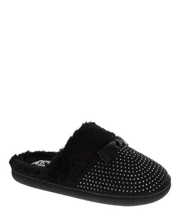 Badgley Mischka Fluffy Rhinestone Bow Detail Slippers - Black