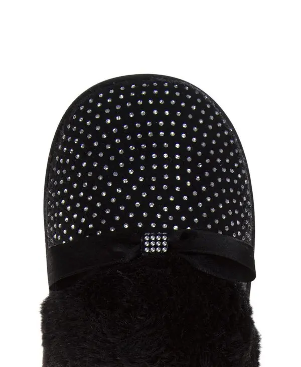Badgley Mischka Fluffy Rhinestone Bow Detail Slippers - Black