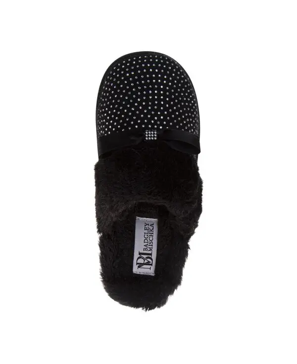 Badgley Mischka Fluffy Rhinestone Bow Detail Slippers - Black