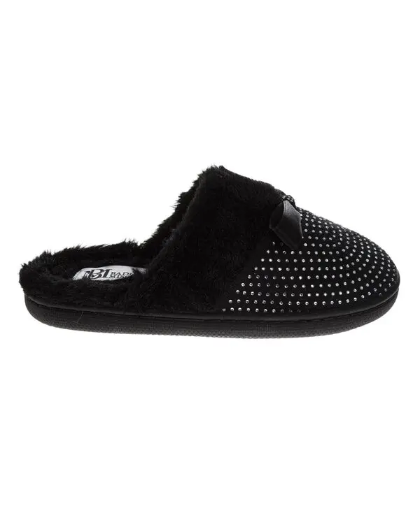 Badgley Mischka Fluffy Rhinestone Bow Detail Slippers - Black
