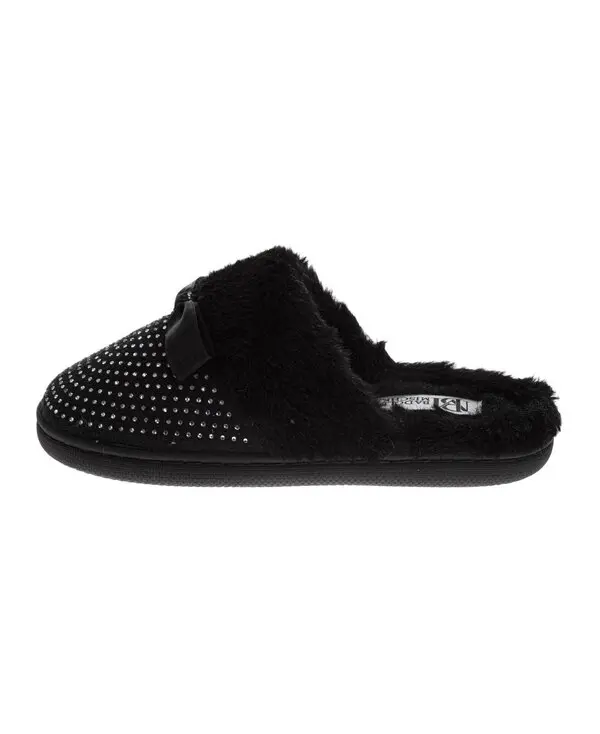 Badgley Mischka Fluffy Rhinestone Bow Detail Slippers - Black