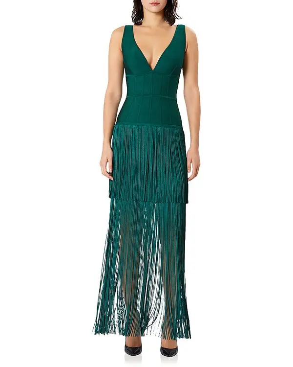 Herve Leger Tiered Fringe Gown - Viridian