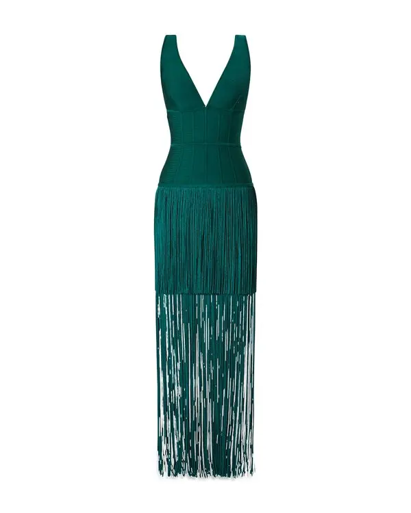 Herve Leger Tiered Fringe Gown