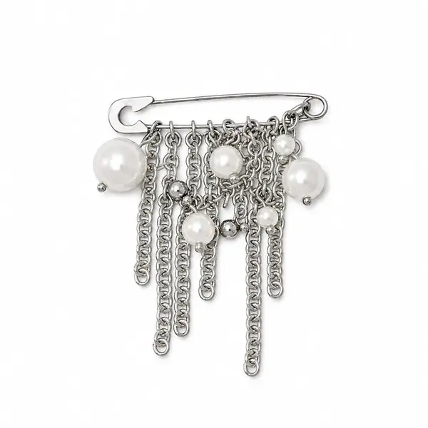 KIREI Silver / White Mass Pearl Chain Brooch - Silver/white