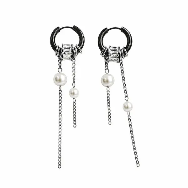 KIREI Black / Silver Vector Pearl Chain Hoop Earrings - Black/silver