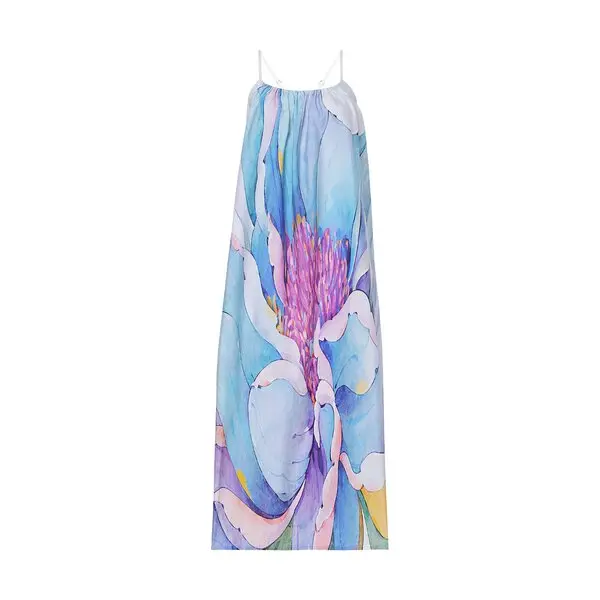 DHARA SHETH, DUBAI White / Blue Fleur Botanical Print Maxi Dress Vintage Look - White/blue