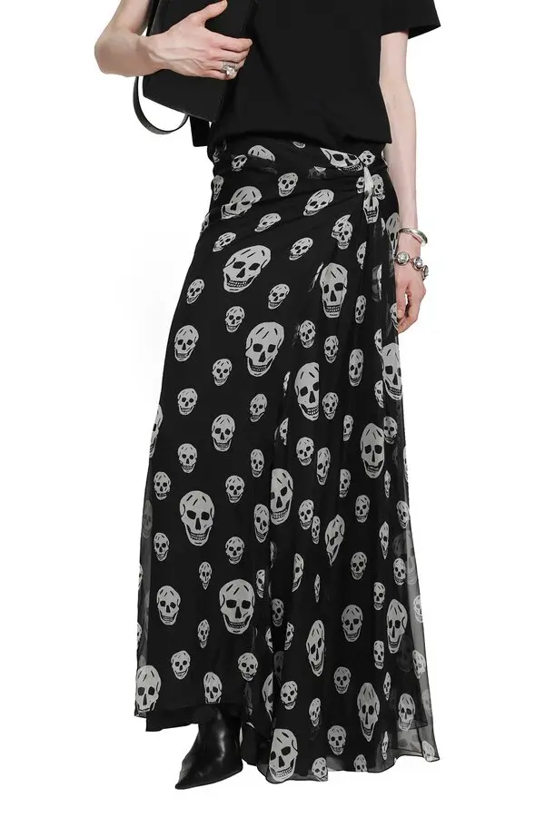 Alexander McQueen Skull Print Draped Maxi Skirt