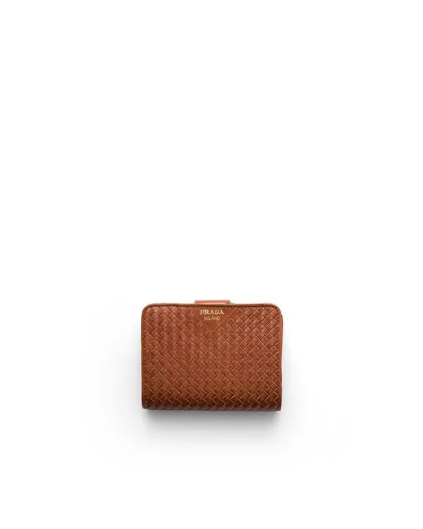 Prada Small Woven Madras Leather Wallet - Cognac