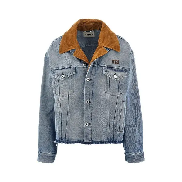 Miu Miu Denim Jacket With Detachable Suede Collar - Blue