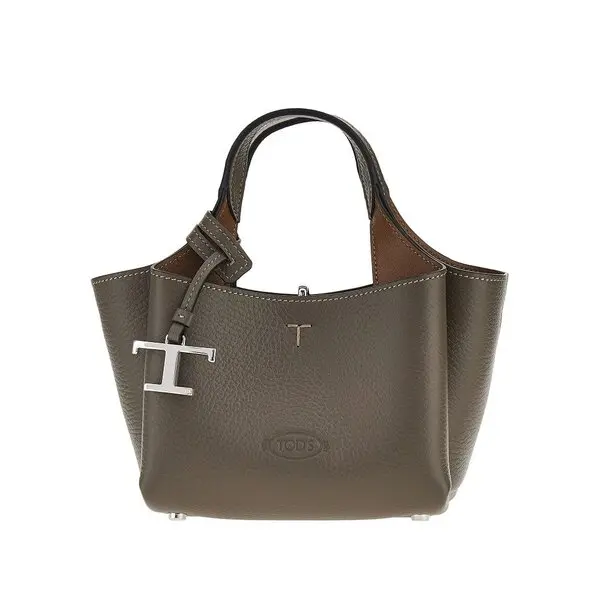 TOD'S Grained Leather Mini Shopping Bag With T Timeless Charm - Grey
