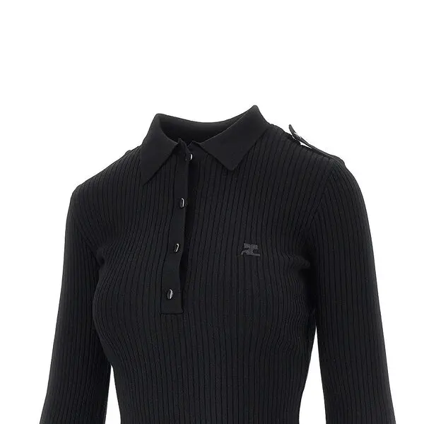 COURREGES Ribbed Knit Polo Shirt With "ac" Logo Embroidery - Black
