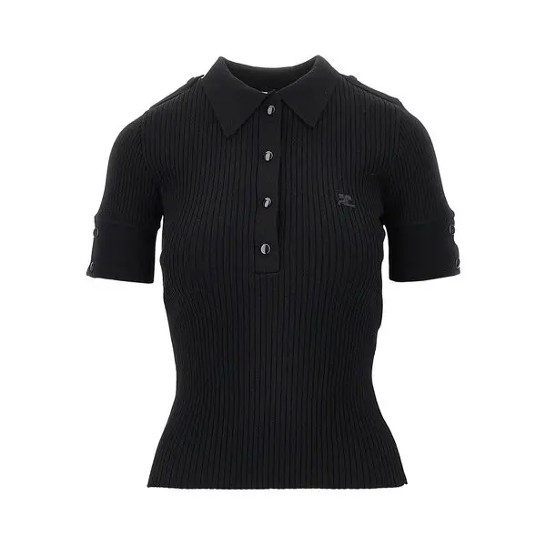 COURREGES Ribbed Knit Polo Shirt With Embroidered Logo - Black