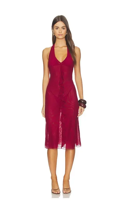 TIGER MIST Sheer Midi Dress With Ruffled Front