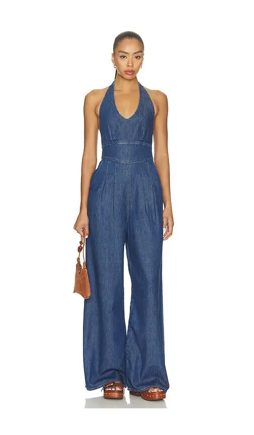 Paige Marilyn Halterneck Denim Jumpsuit - Denim-medium