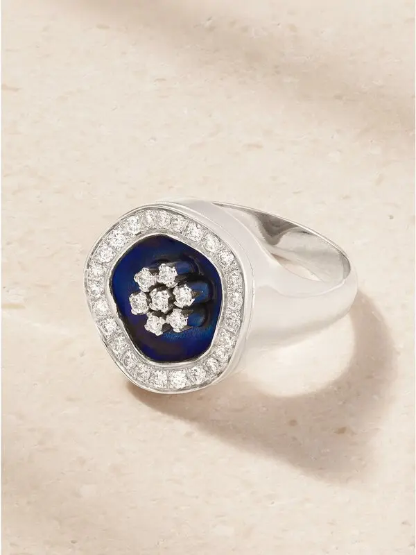 ILARIA ICARDI Flower 18-karat White Gold, Diamond And Enamel Signet Ring - Blue