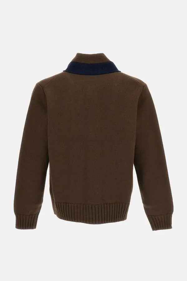 Sacai Wool-knit Cardigan With Integrated Scarf Detail - Marrone