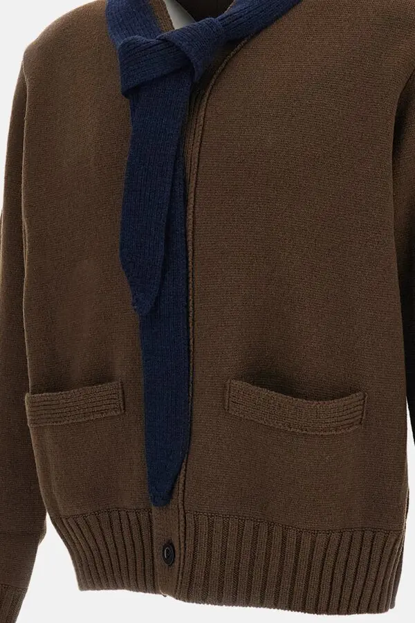 Sacai Wool-knit Cardigan With Integrated Scarf Detail - Marrone