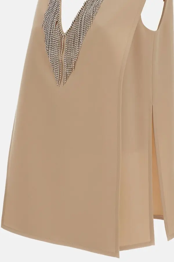 Sportmax Sleeveless V-neck Top With Rhinestone Fringe - Beige