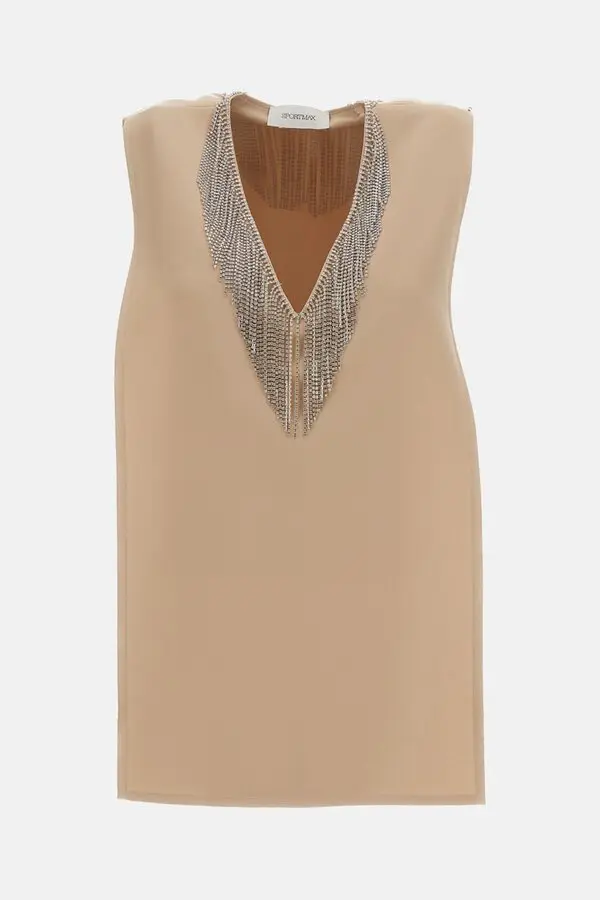 Sportmax Sleeveless V-neck Top With Rhinestone Fringe - Beige
