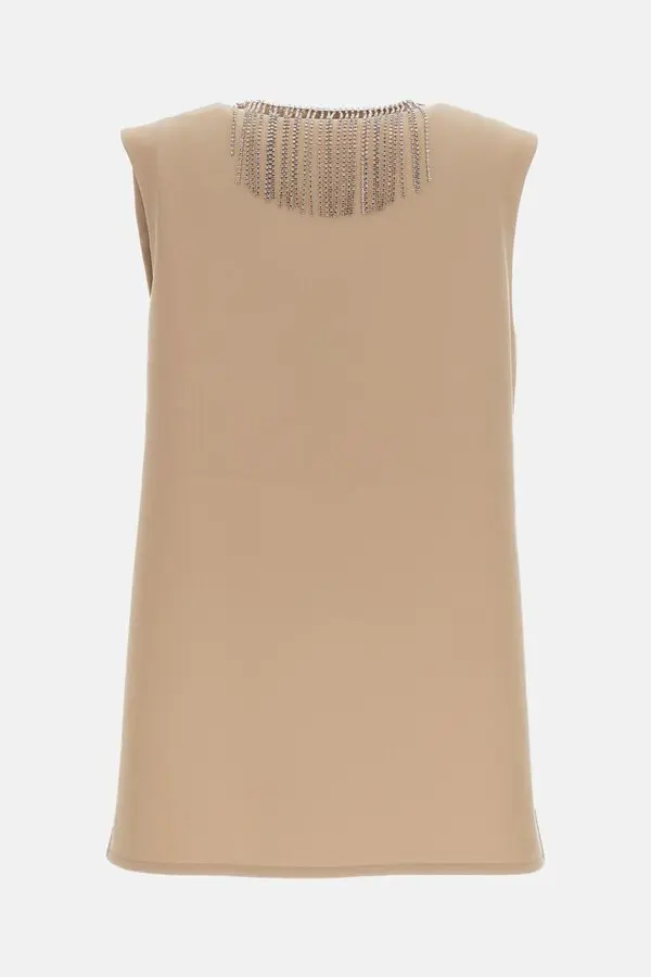 Sportmax Sleeveless V-neck Top With Rhinestone Fringe - Beige