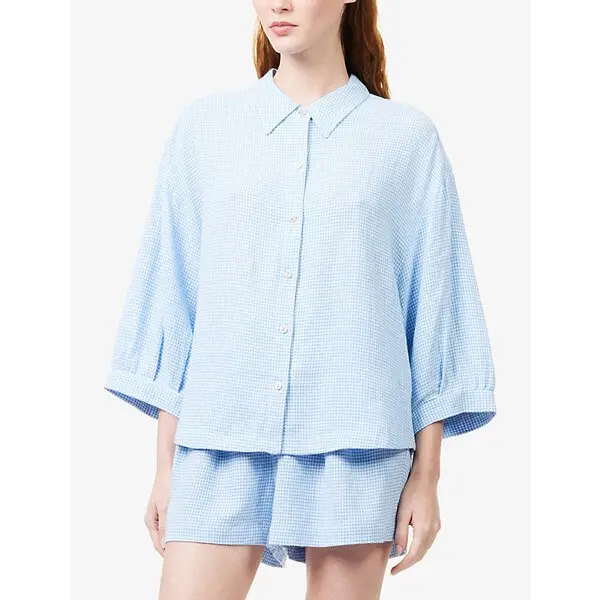 Eberjey Relaxed Fit Gingham Print Linen-blend Top With 3/4 Sleeves