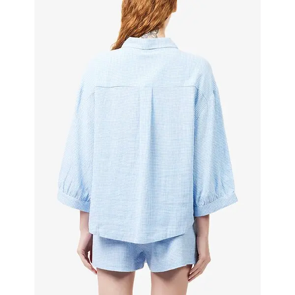 Eberjey Relaxed Fit Gingham Print Linen-blend Top With 3/4 Sleeves