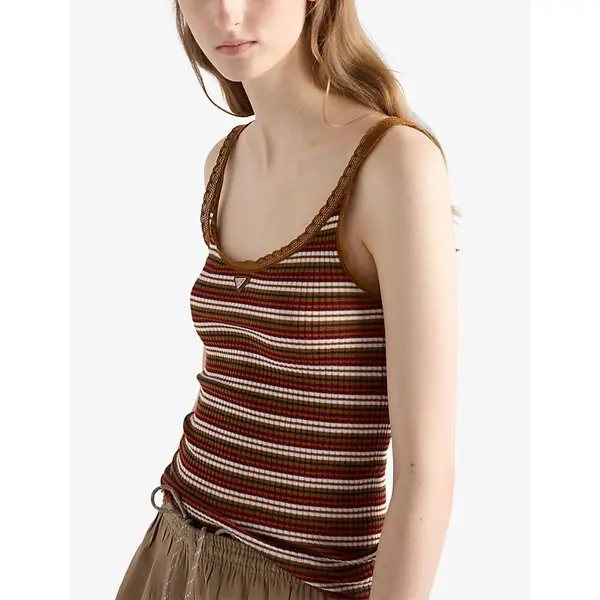 Prada Striped Cotton Vest Top With Lace Trim And Brand Plaque