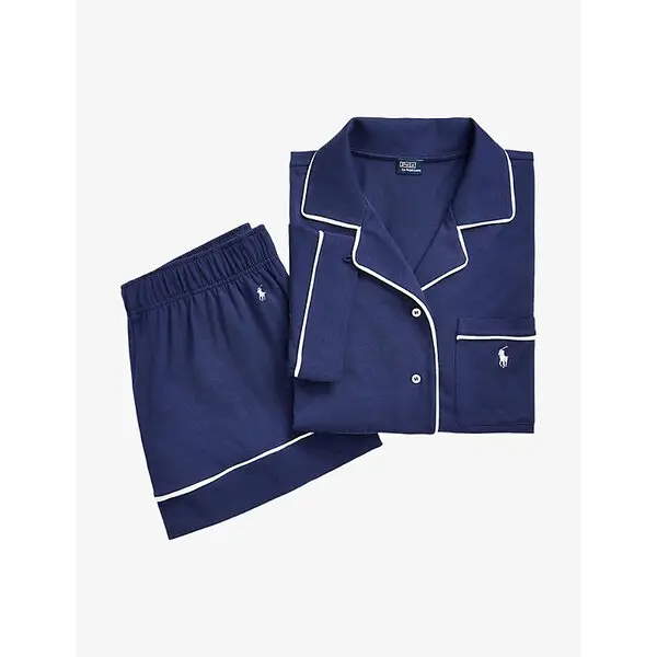 Polo Ralph Lauren Piped-trim Short-sleeved Cotton-blend Pyjama Set - Navy