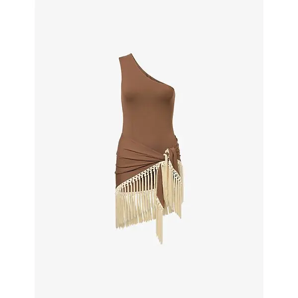 TALLER MARMO Asymmetric Swimsuit With Fringed Sarong - Fume