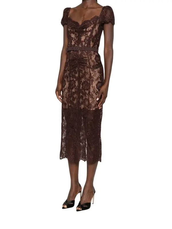 SELF-PORTRAIT Floral Lace Belted Midi Dress - No