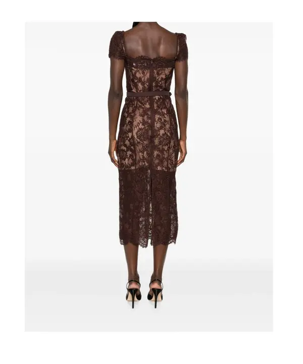 SELF-PORTRAIT Floral Lace Belted Midi Dress - No