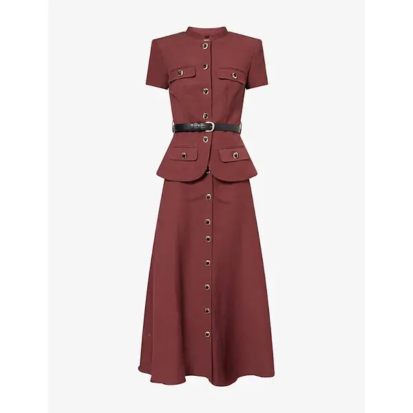 SELF-PORTRAIT Peplum Woven Midi Dress - Brown