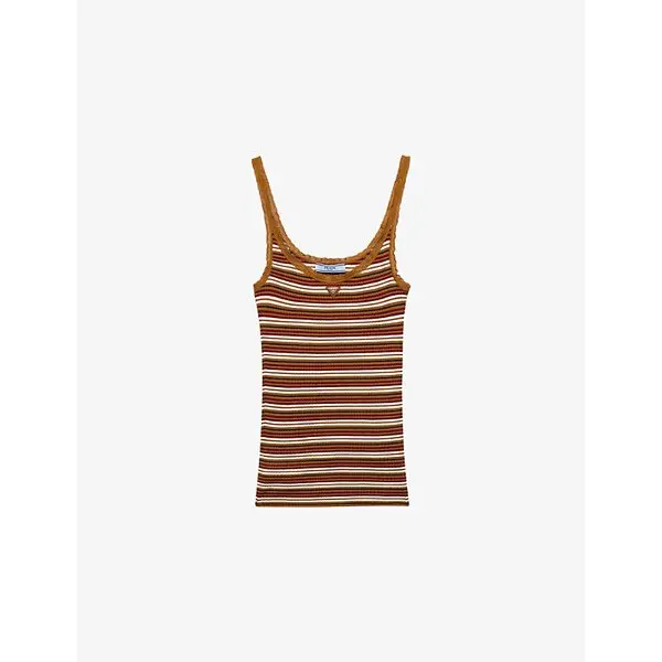 Prada Striped Brand-plaque Cotton Vest Top - Brown