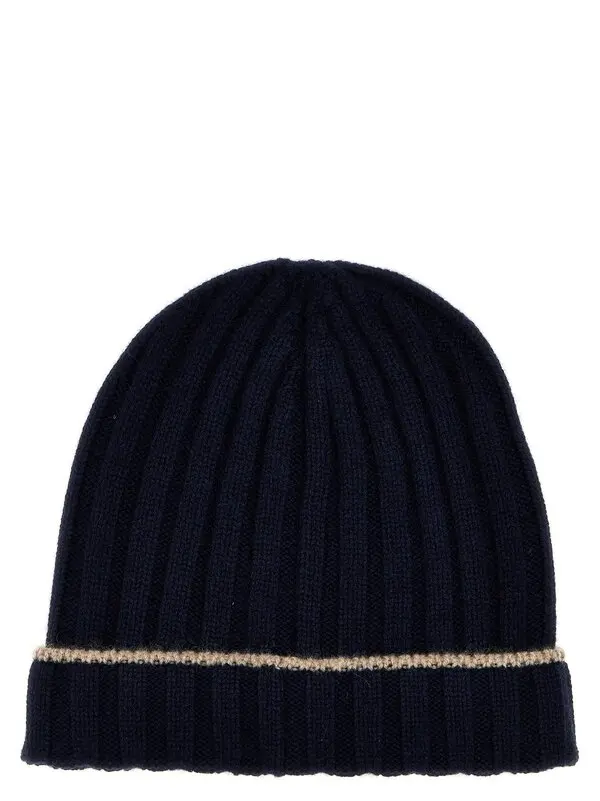 Brunello Cucinelli Ribbed Cashmere Beanie With Contrast Line - Blue