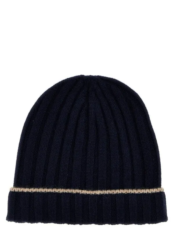 Brunello Cucinelli Ribbed Cashmere Beanie With Contrast Line - Blue
