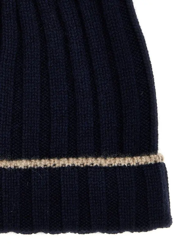Brunello Cucinelli Ribbed Cashmere Beanie With Contrast Line - Blue