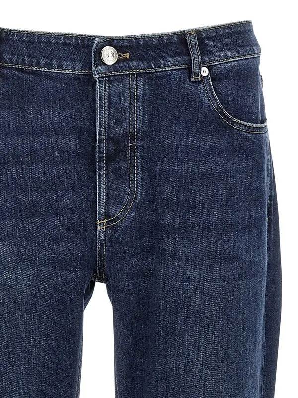 Brunello Cucinelli Stretch Cotton Jeans With Embroidered Logo - Blue