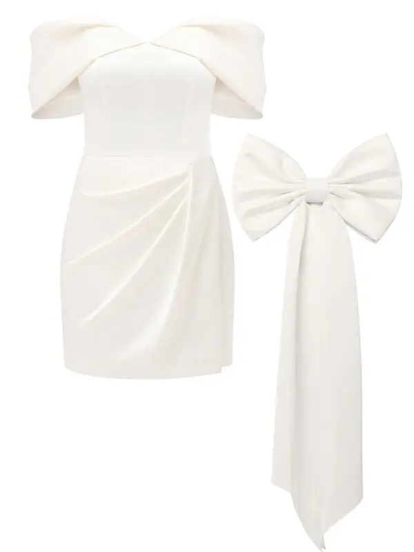 TIA DORRAINE Heavenly Kissed Satin Mini Dress With Statement Bow Belt Pearl - White