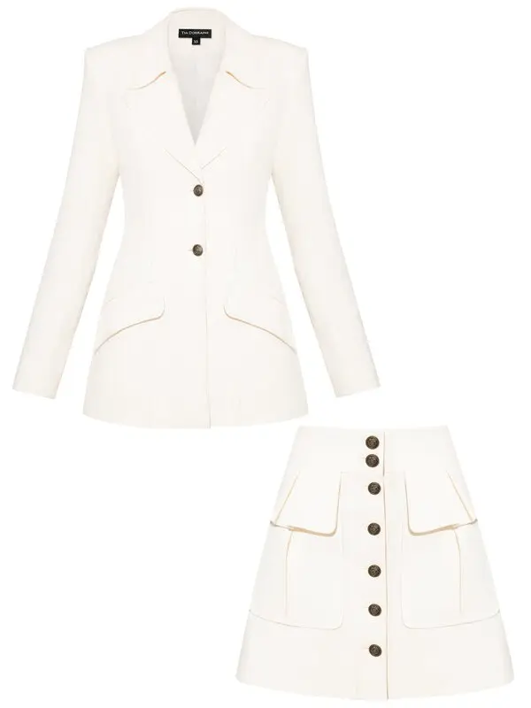 TIA DORRAINE Single-breasted Blazer & Cargo Mini Skirt Linen Set - White