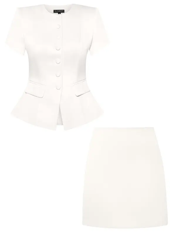 TIA DORRAINE Button Up Short Sleeves Blazer & Mini Skirt Set Pearl - White