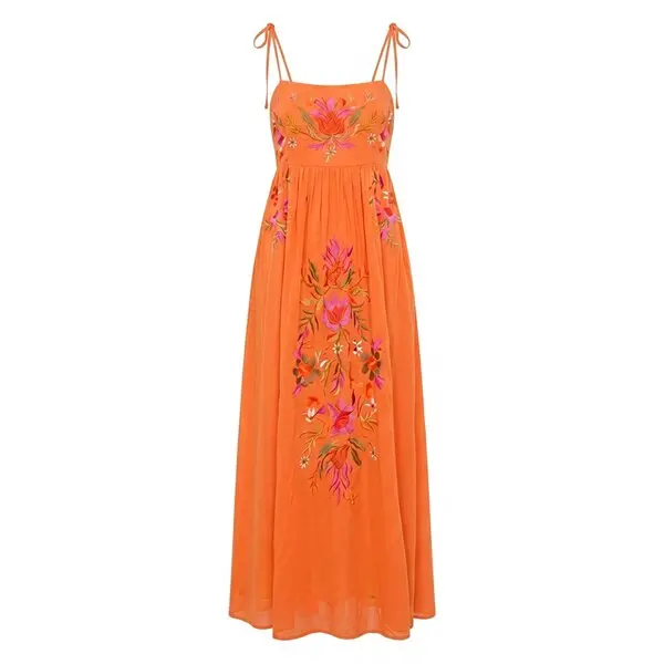 RAFFYA Furla Smocked Panel Embroidered Midi Dress In Coral - Orange