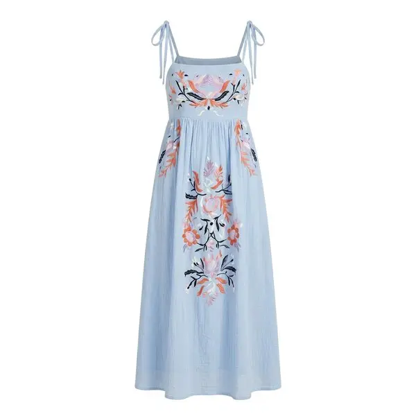 RAFFYA Furla Smocked Panel Embroidered Midi Dress - Blue