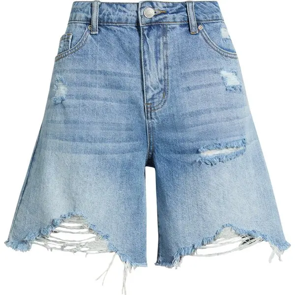 TRACTR Distressed High Waist Raw Hem Denim Shorts